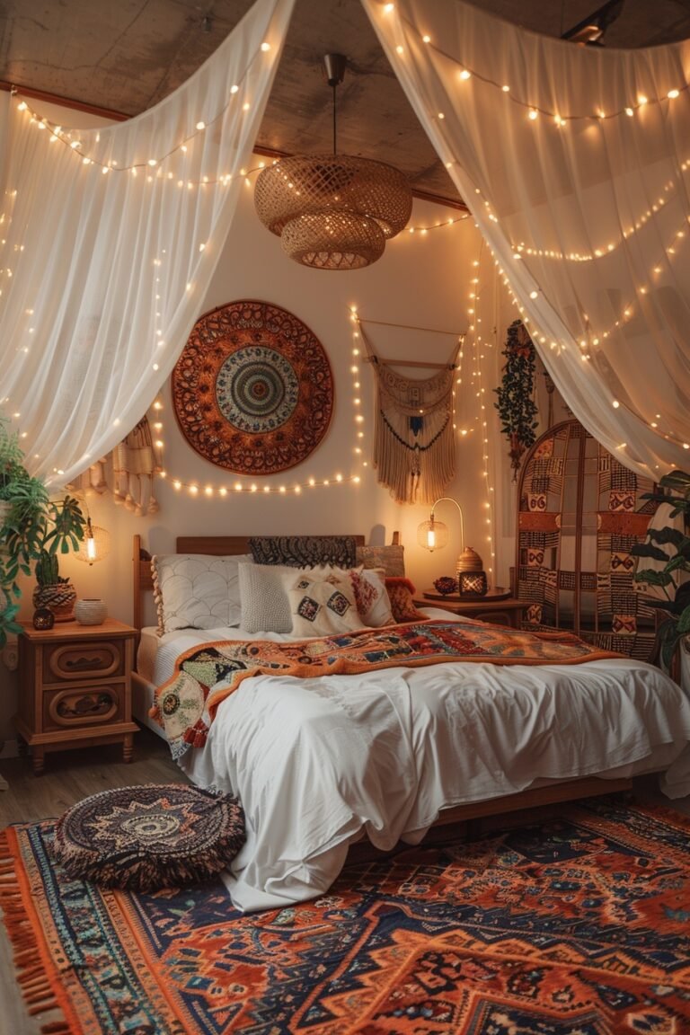 29 Boho Bedroom With Curtain Lights Ideas: Create A Magical Atmosphere ...